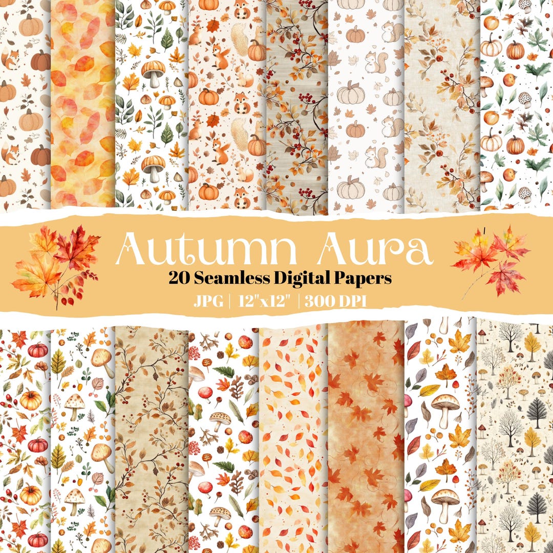 Autumn Leaves Pumpkins Digital Paper Bundle, Vintage Fall Woodland ...