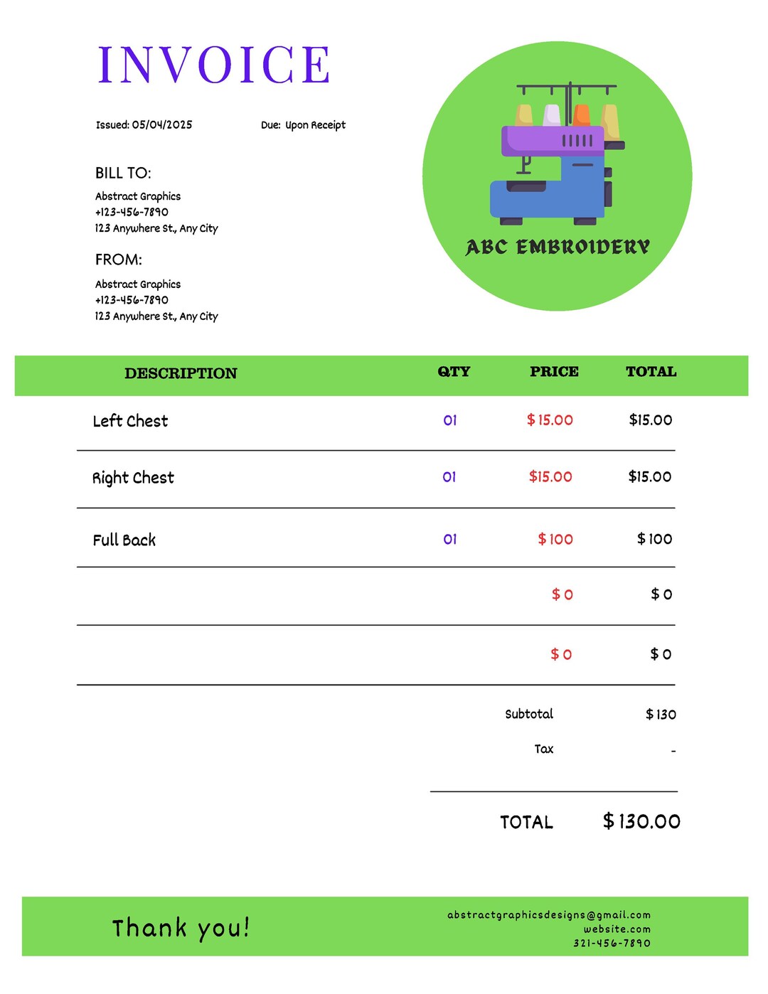 Simple Embroidery Invoice - Etsy