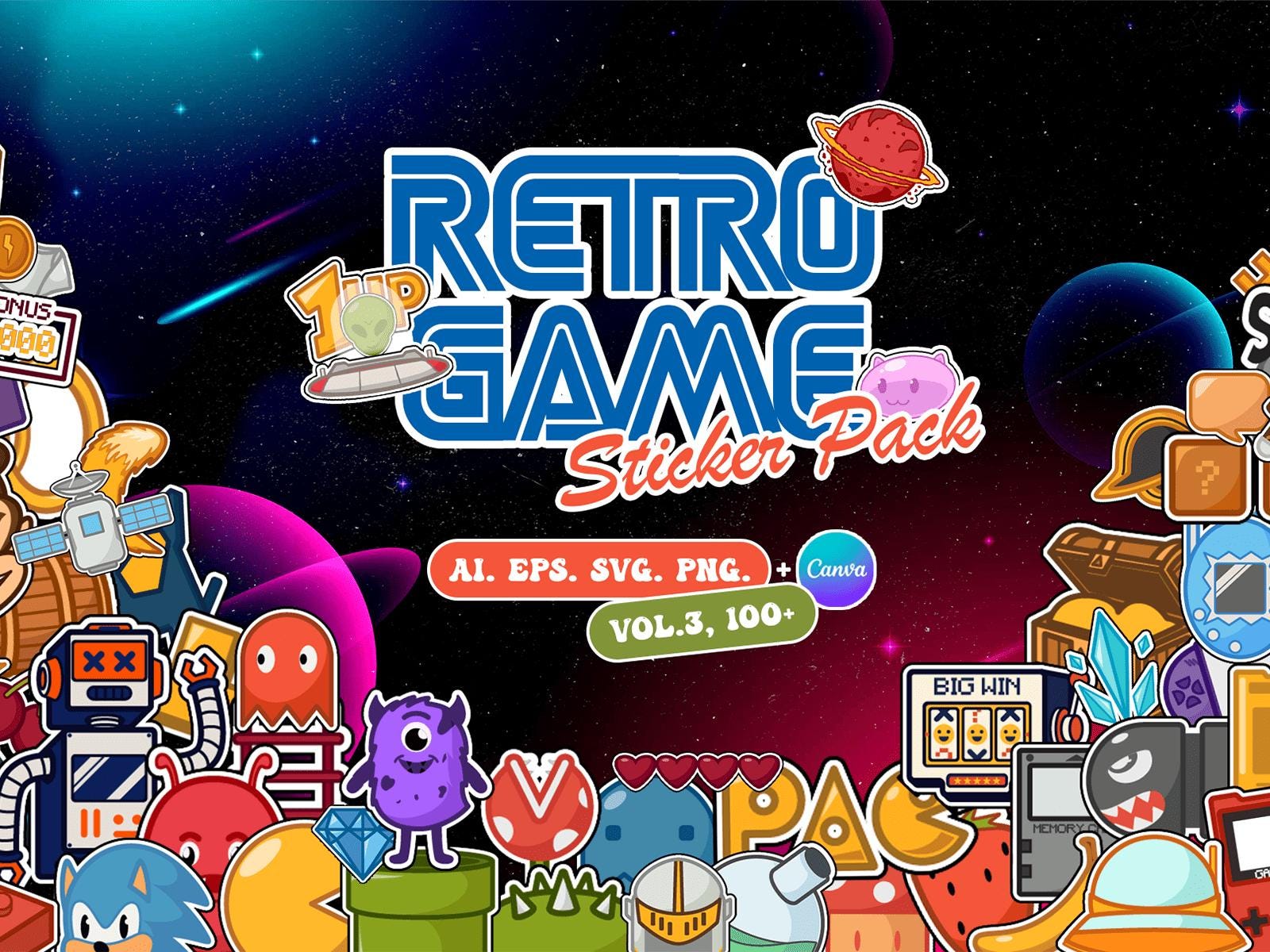 100 Retro Gaming Aesthetic Sticker Icons 100 Pack Fully Editable ...