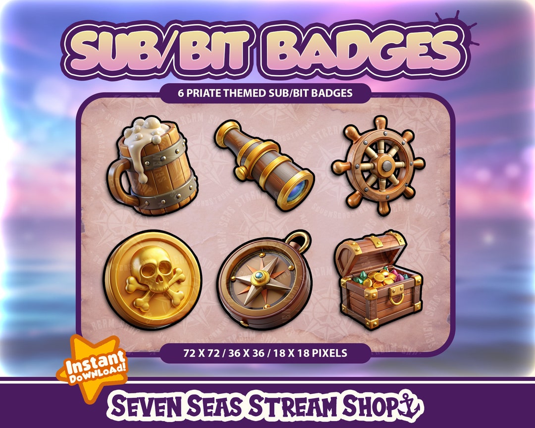 Pirate-themed 6 BADGE PACK // Rum, Spyglass, Ship Wheel, Doubloon ...