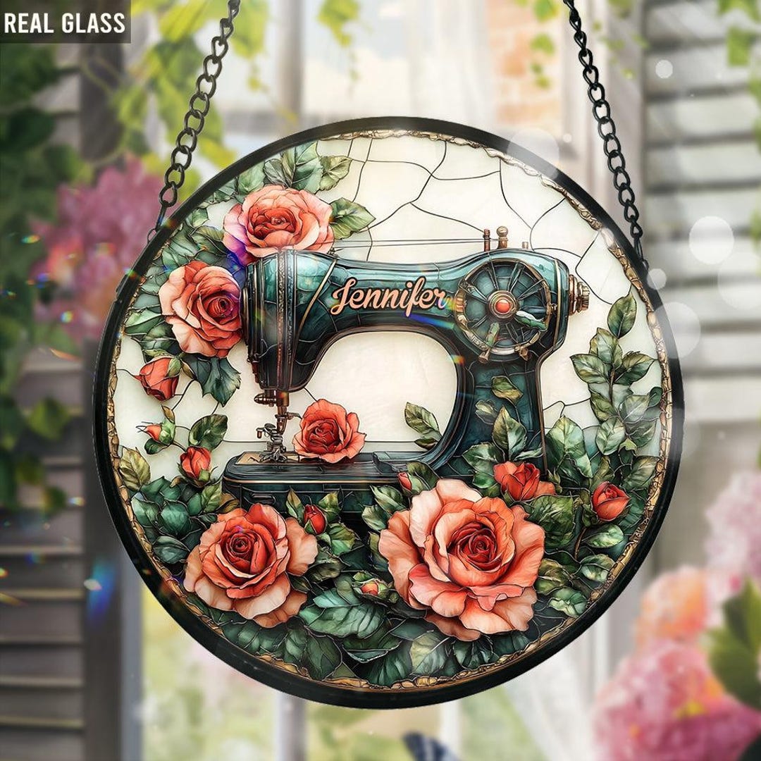 Personalized Sewing Machine Stained Glass Suncatcher: Floral Window ...