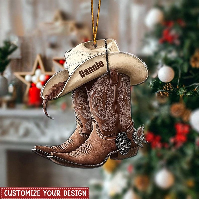 2D Flat Personalized Cowboy Boots & Hat Acrylic Christmas Ornament - Etsy