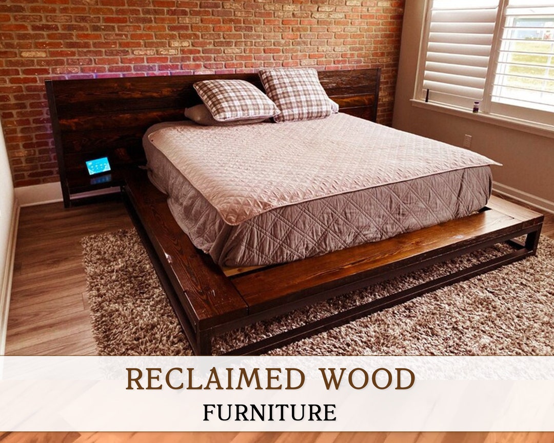 Reclaimed Pine Wood Floating Platform Bed: Industrial King/queen Bed ...
