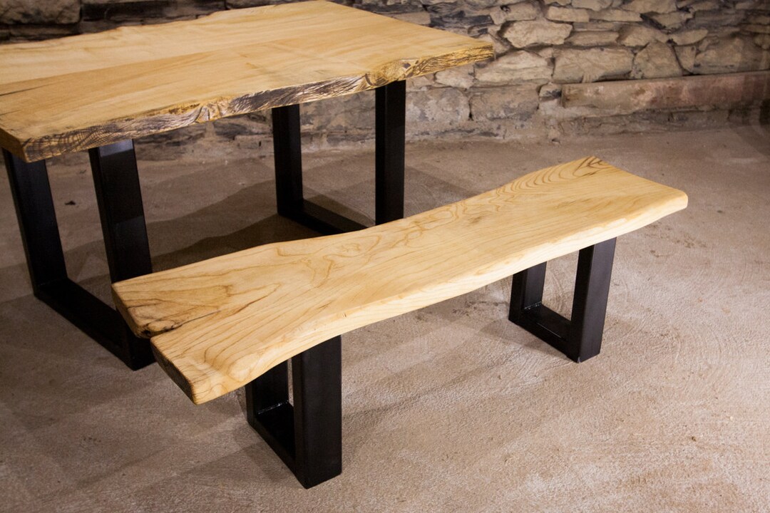 Live Edge Bench Made of Solid Slab Wood - Raw Edge Slab Top With Metal ...