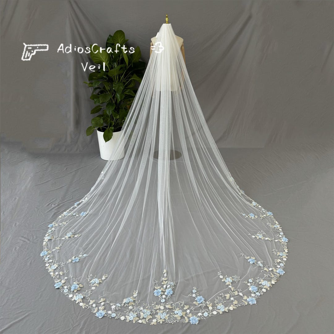 Light Blue Floral Veil, 3D Flower Veil With Beads Embellishments, Fairy ...