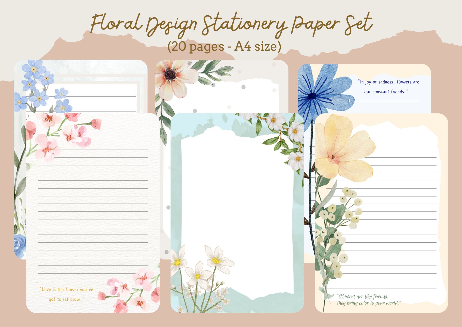 Printable Floral Design Stationery Set Digital Note Paper Flower Themed ...