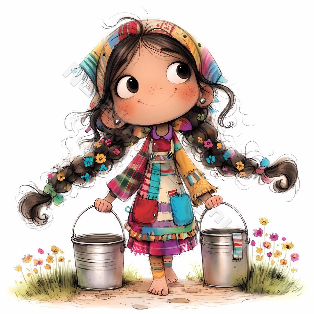 Country Bucket Girl Clip Art 10 High Res Watercolor JPG Junk Journaling ...