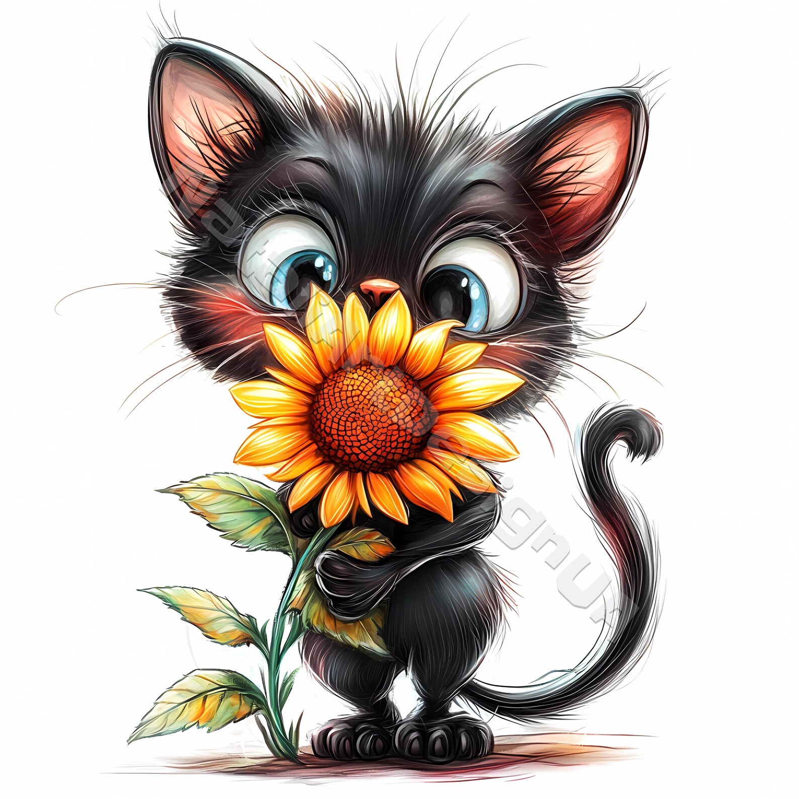 Quirky Sunflower Cat Clip Art 10 High Res Watercolor Jpgs for Junk ...