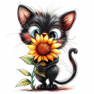 Quirky Sunflower Cat Clip Art 10 High Res Watercolor Jpgs for Junk ...