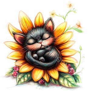 Quirky Sunflower Cat Clip Art 10 High Res Watercolor Jpgs for Junk ...