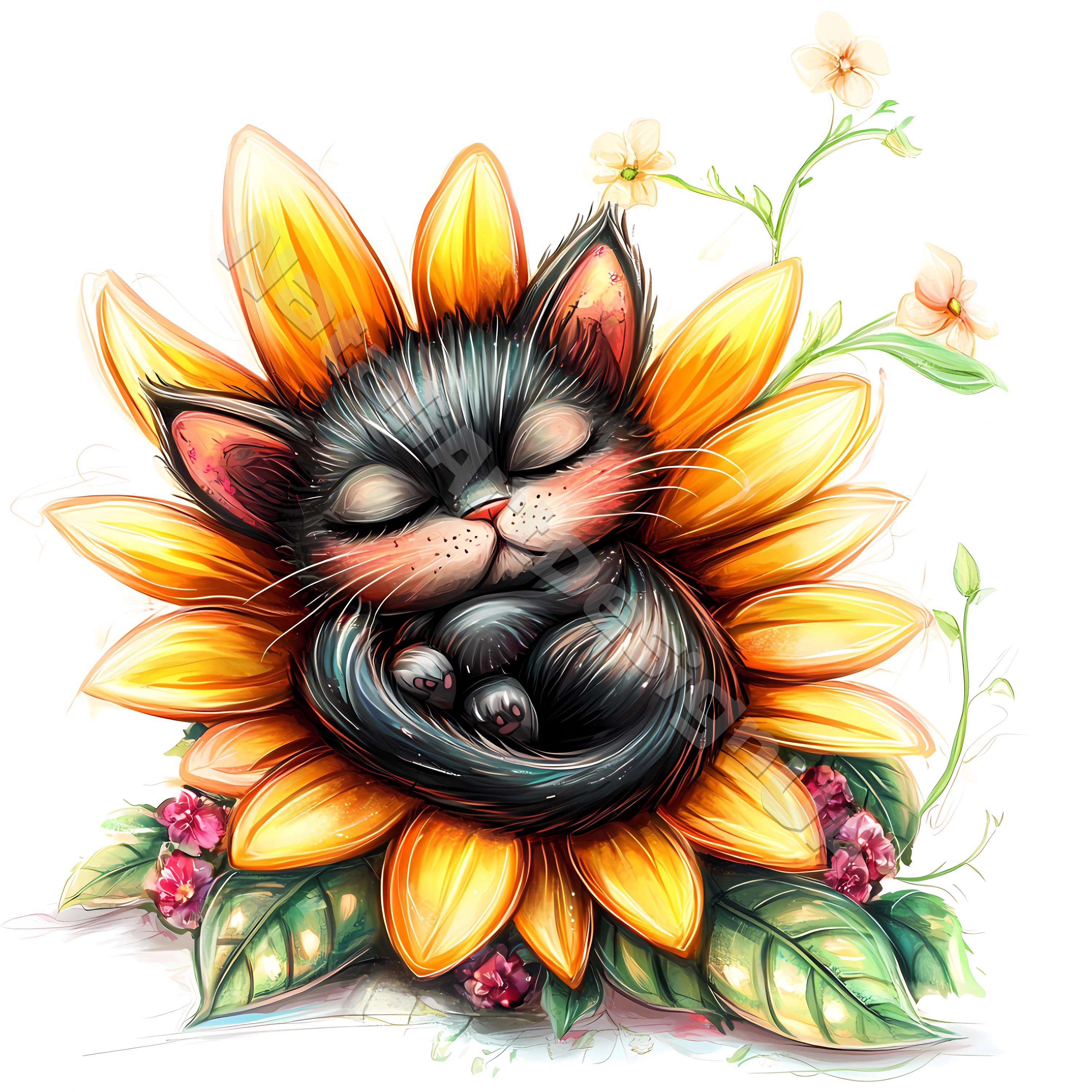 Quirky Sunflower Cat Clip Art 10 High Res Watercolor Jpgs for Junk ...
