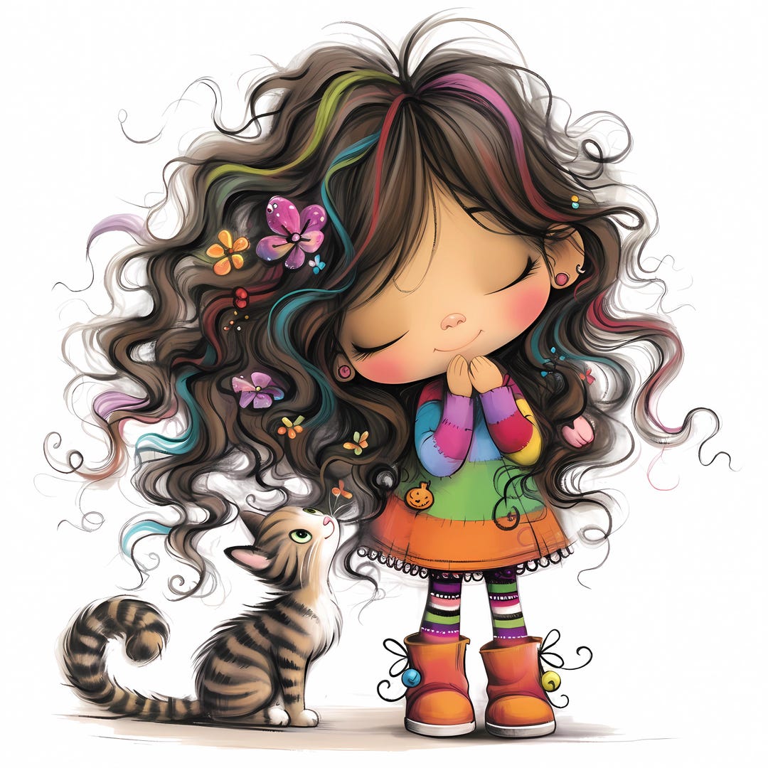 Quirky Girl With Cat Clipart 10 High Res Watercolor Jpgs for Junk ...