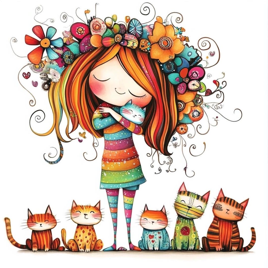 Whimsical Cat Lover Girls Clipart 10 High Res Watercolor Jpgs for Junk ...