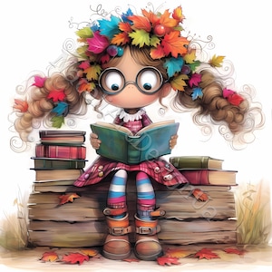 Autumn Girl With Books Clip Art 10 High Res Watercolor Jpgs Junk ...