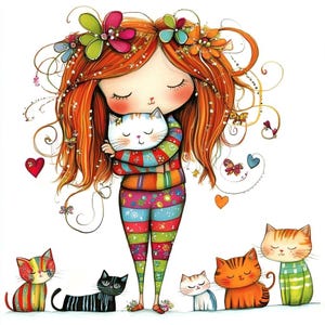 Whimsical Cat Lover Girls Clipart 10 High Res Watercolor Jpgs for Junk ...