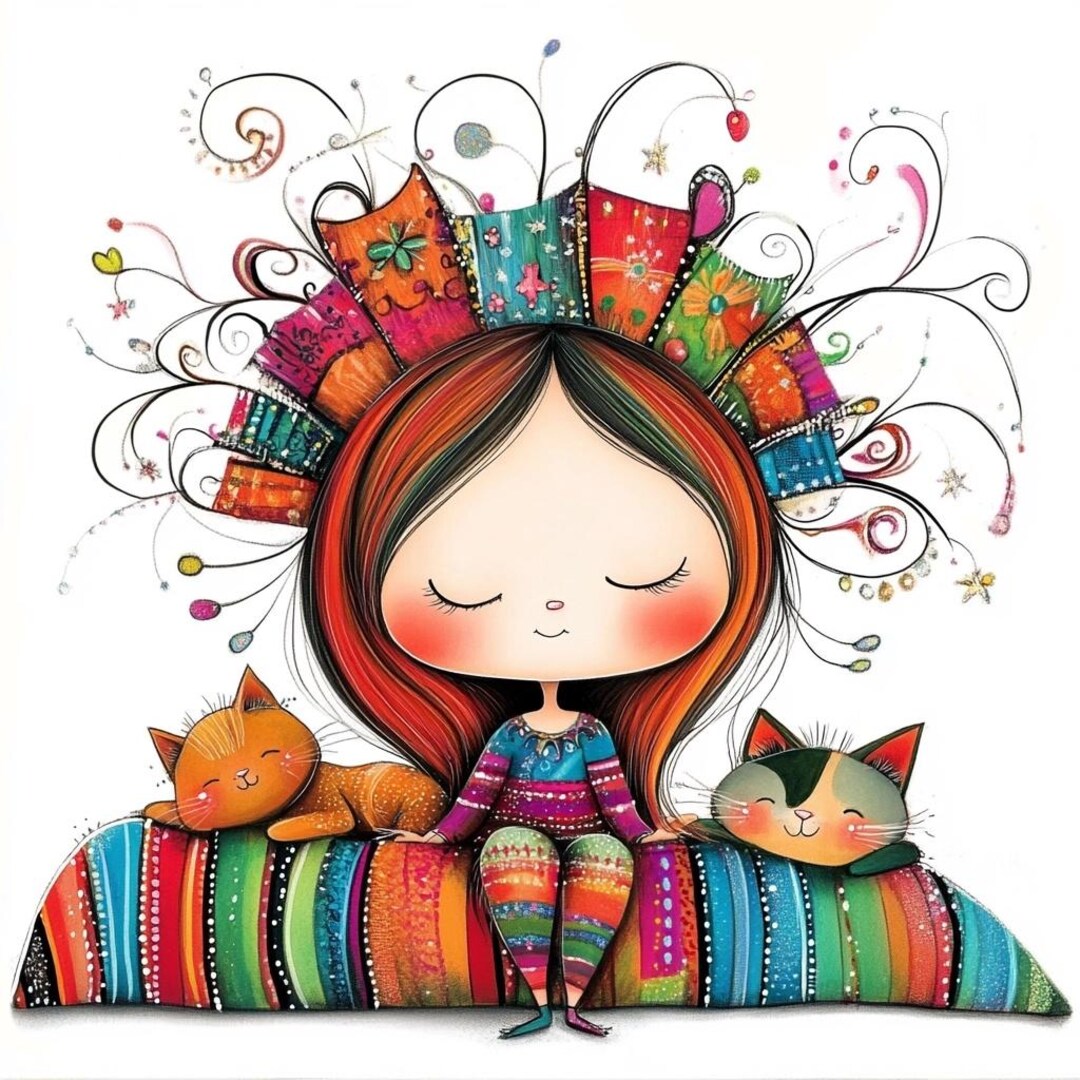 Whimsical Cat Lover Girls Clipart 10 High Res Watercolor Jpgs for Junk ...