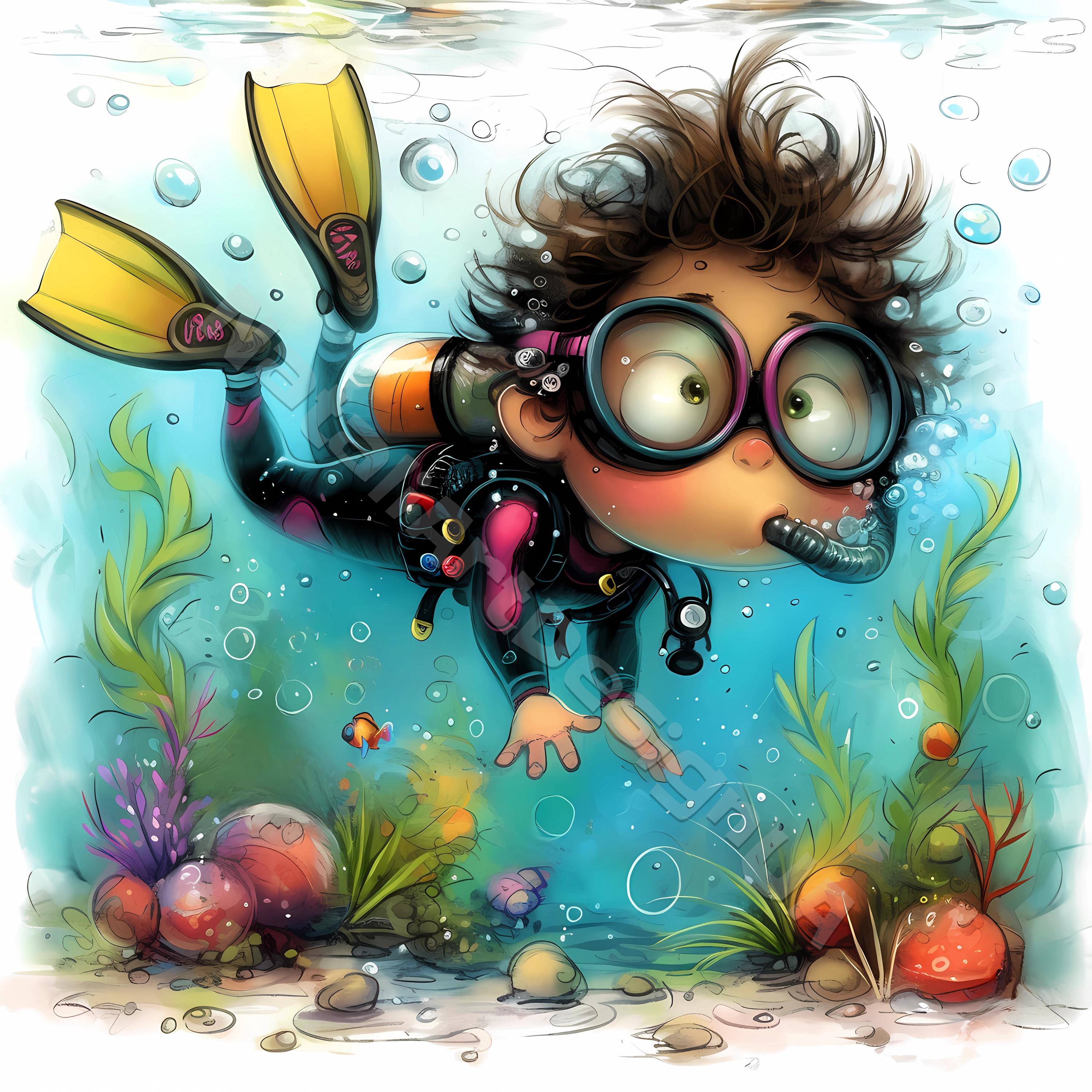 Quirky Diver Boy Clip Art 10 High Res Watercolor Jpgs Junk Journaling ...