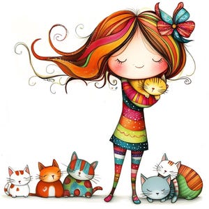 Whimsical Cat Lover Girls Clipart 10 High Res Watercolor Jpgs for Junk ...