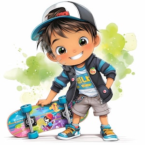 Skateboard Boy Clip Art 10 High Res Watercolor Jpgs Junk Journaling ...