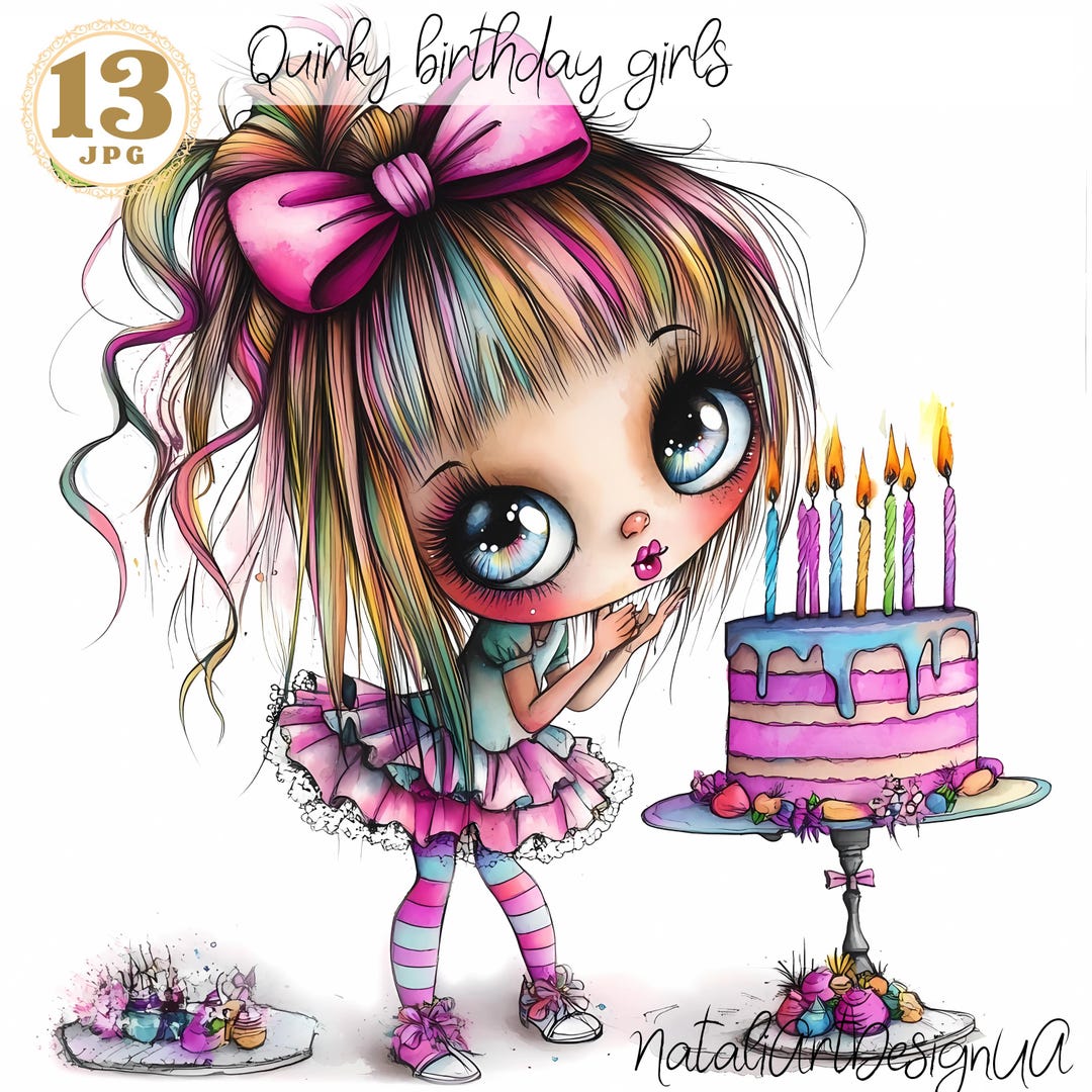 Quirky Birthday Girl Clipart, 13 JPG Quirky Girl, Funny Birthday Card ...