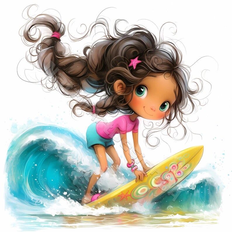 Quirky Surfer Girl Clip Art 10 High Res Watercolor Jpgs Junk Journaling ...
