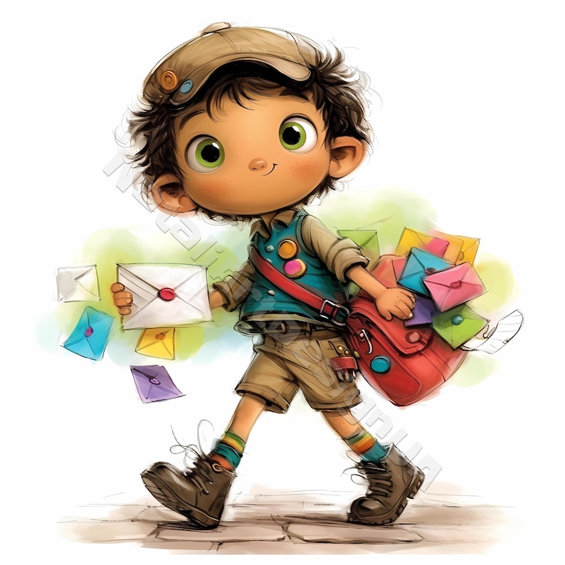 Quirky Mail Carrier Boy Clip Art 13 High Res Watercolor Jpgs for Junk ...