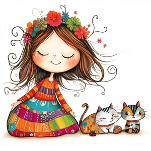 Whimsical Cat Lover Girls Clipart 10 High Res Watercolor Jpgs for Junk ...