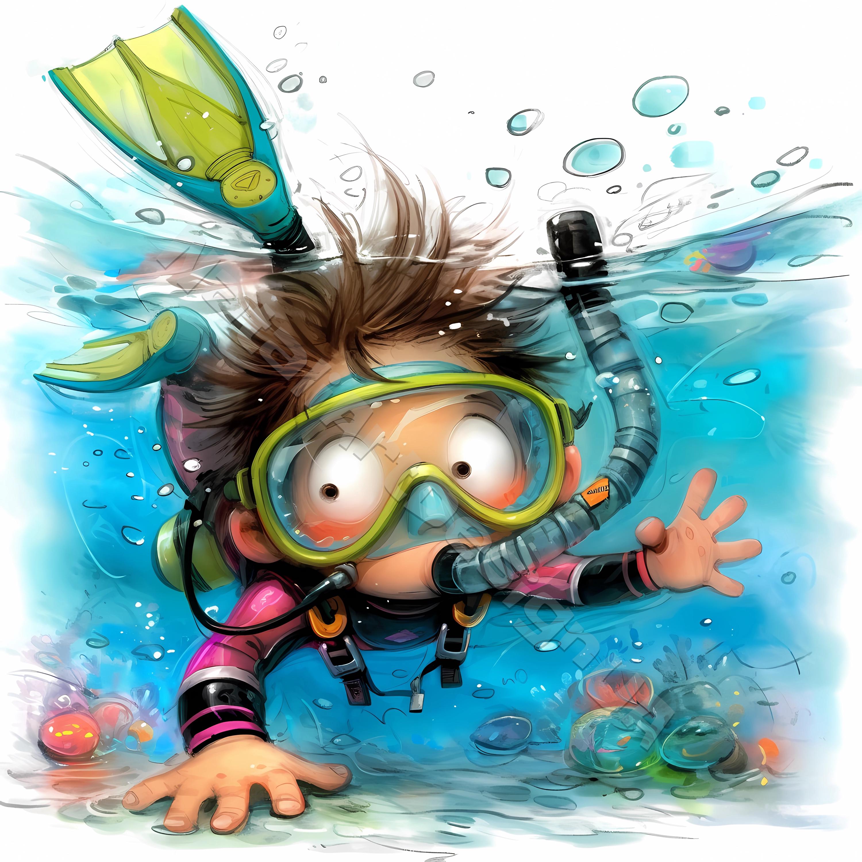 Quirky Diver Boy Clip Art 10 High Res Watercolor Jpgs Junk Journaling ...