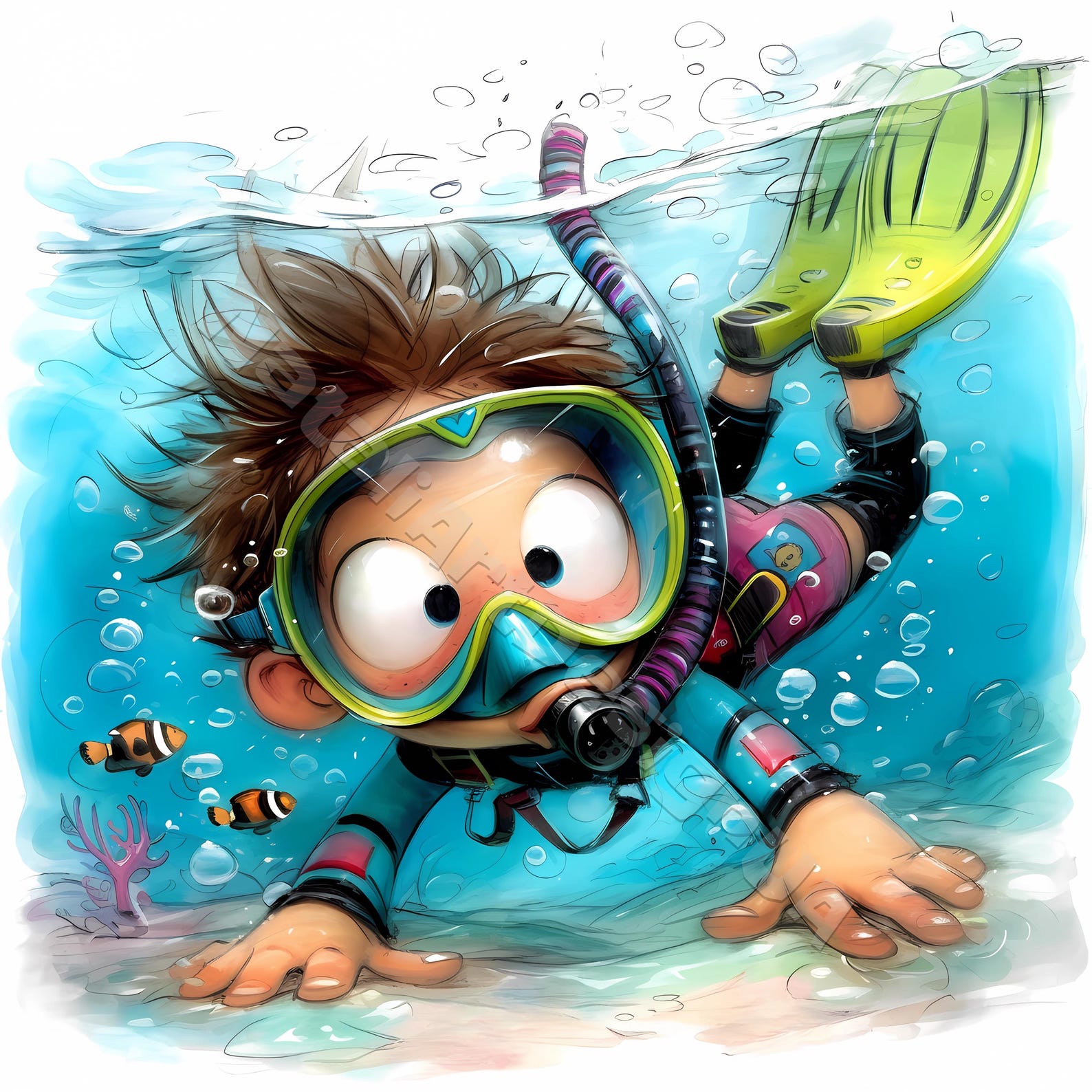 Quirky Diver Boy Clip Art 10 High Res Watercolor Jpgs Junk Journaling ...