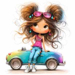 Chic Girl With Car Clipart 10 High Res Watercolor JPG Junk Journals ...