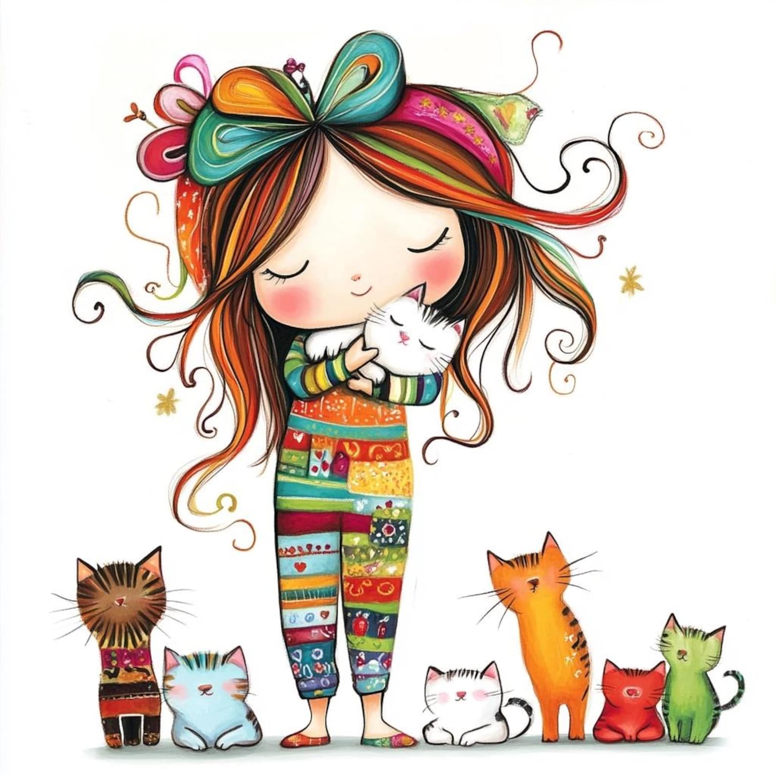 Whimsical Cat Lover Girls Clipart 10 High Res Watercolor Jpgs for Junk ...