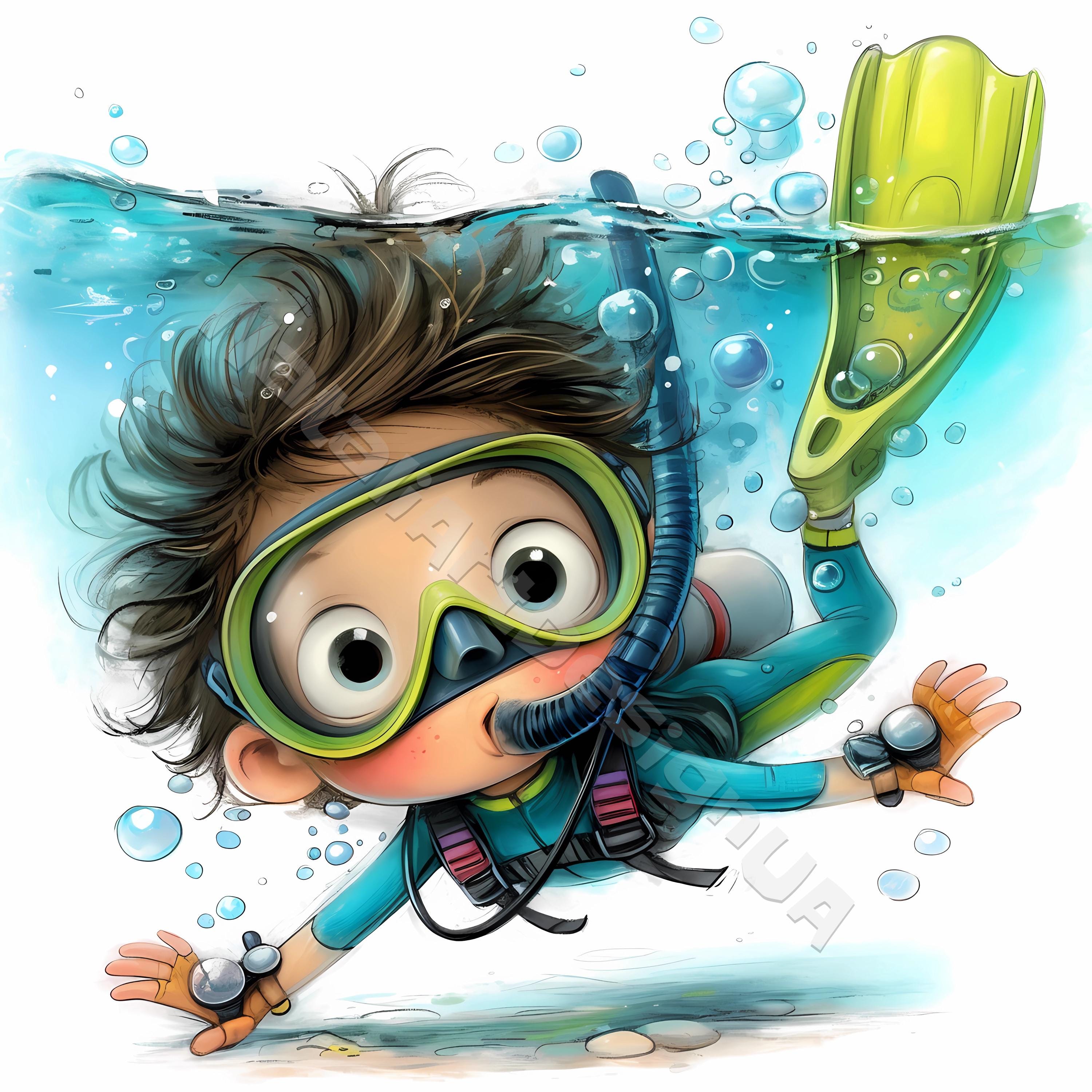 Quirky Diver Boy Clip Art 10 High Res Watercolor Jpgs Junk Journaling ...