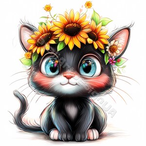 Quirky Sunflower Cat Clip Art 10 High Res Watercolor Jpgs for Junk ...
