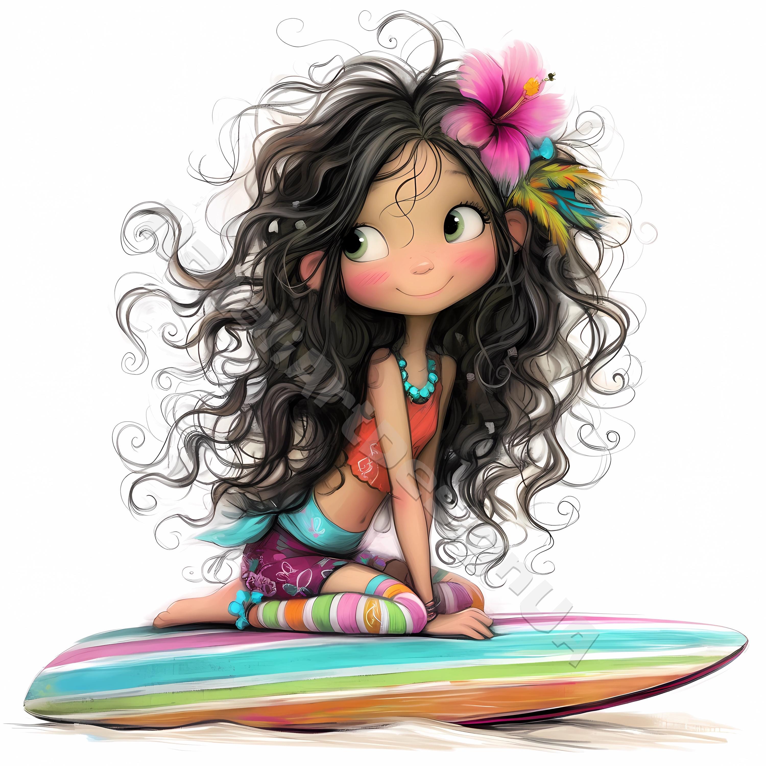 Quirky Surfer Girl Clip Art 10 High Res Watercolor Jpgs Junk Journaling ...