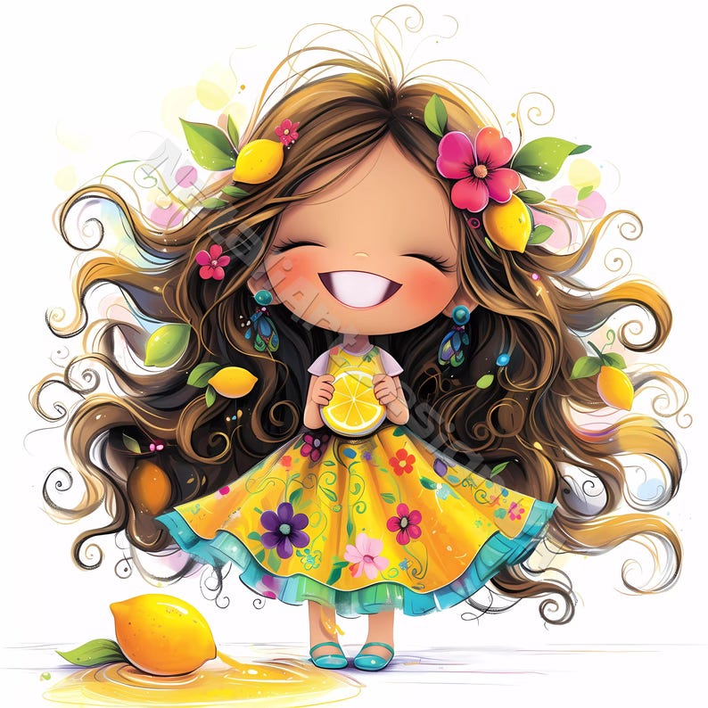 Quirky Lemon Girl Clip Art 10 High Res Watercolor Jpgs Junk Journaling ...