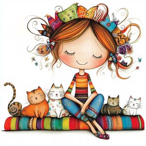 Whimsical Cat Lover Girls Clipart 10 High Res Watercolor Jpgs for Junk ...