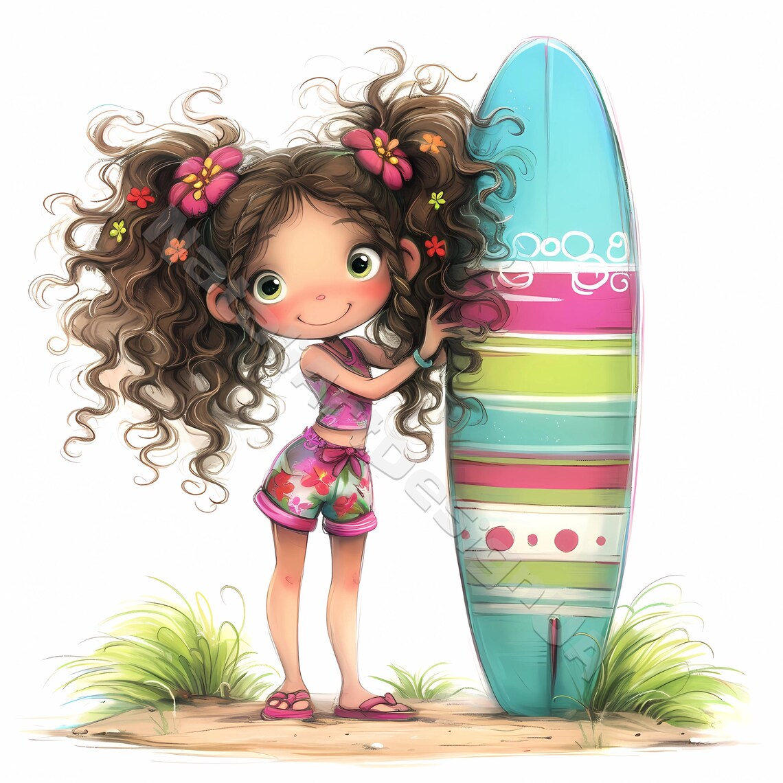 Quirky Surfer Girl Clip Art 10 High Res Watercolor Jpgs Junk Journaling ...