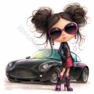 Chic Girl With Car Clipart 10 High Res Watercolor JPG Junk Journals ...
