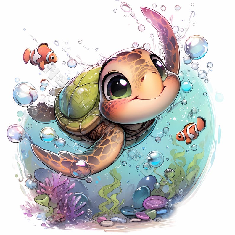 Whimsical Turtle Clip Art 10 High Res Watercolor JPG Junk Journals ...