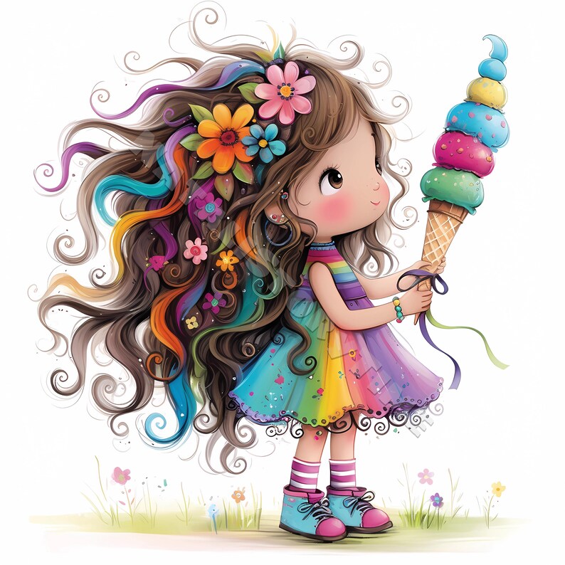 Quirky Ice-cream Girl Clipart 10 High Res Watercolor JPG for Junk ...