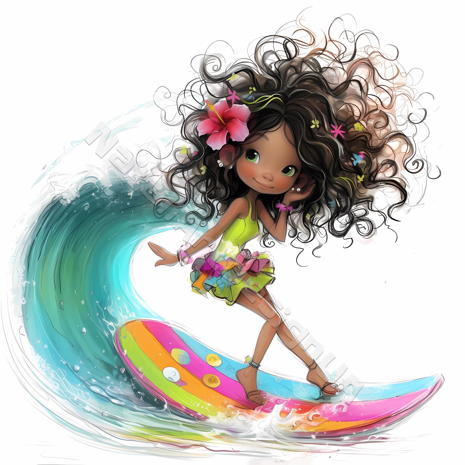 Quirky Surfer Girl Clip Art 10 High Res Watercolor Jpgs Junk Journaling ...