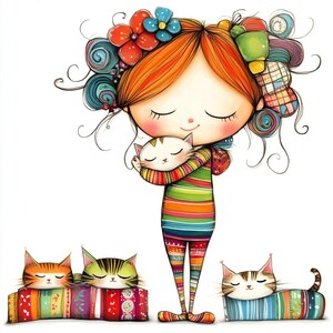 Whimsical Cat Lover Girls Clipart 10 High Res Watercolor Jpgs for Junk ...