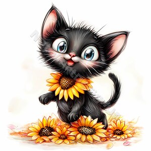 Quirky Sunflower Cat Clip Art 10 High Res Watercolor Jpgs for Junk ...