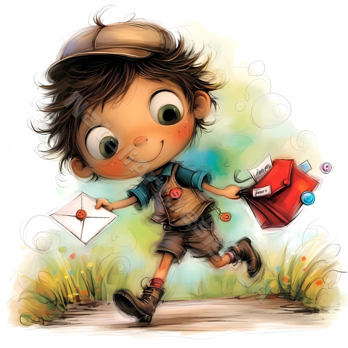 Quirky Mail Carrier Boy Clip Art 13 High Res Watercolor Jpgs for Junk ...