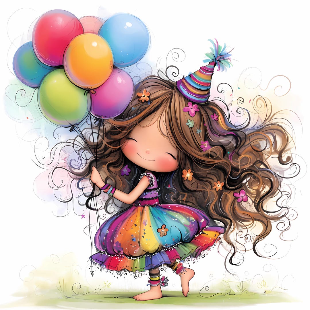 Quirky Girl With Balloons Clipart, 10 JPG Quirky Girl, Funny Birthday ...