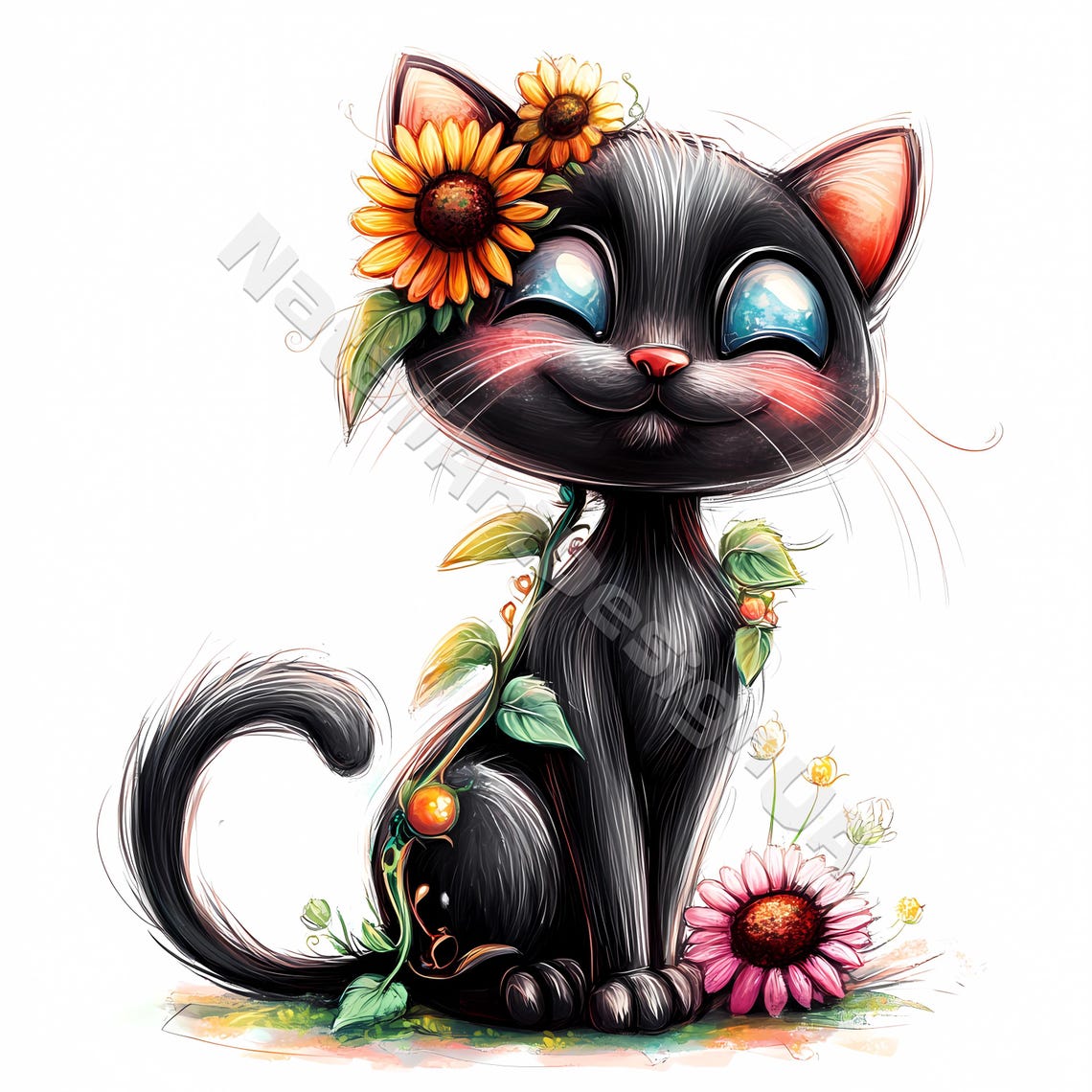 Quirky Sunflower Cat Clip Art 10 High Res Watercolor Jpgs for Junk ...