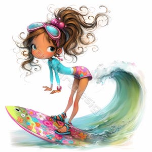 Quirky Surfer Girl Clip Art 10 High Res Watercolor Jpgs Junk Journaling ...