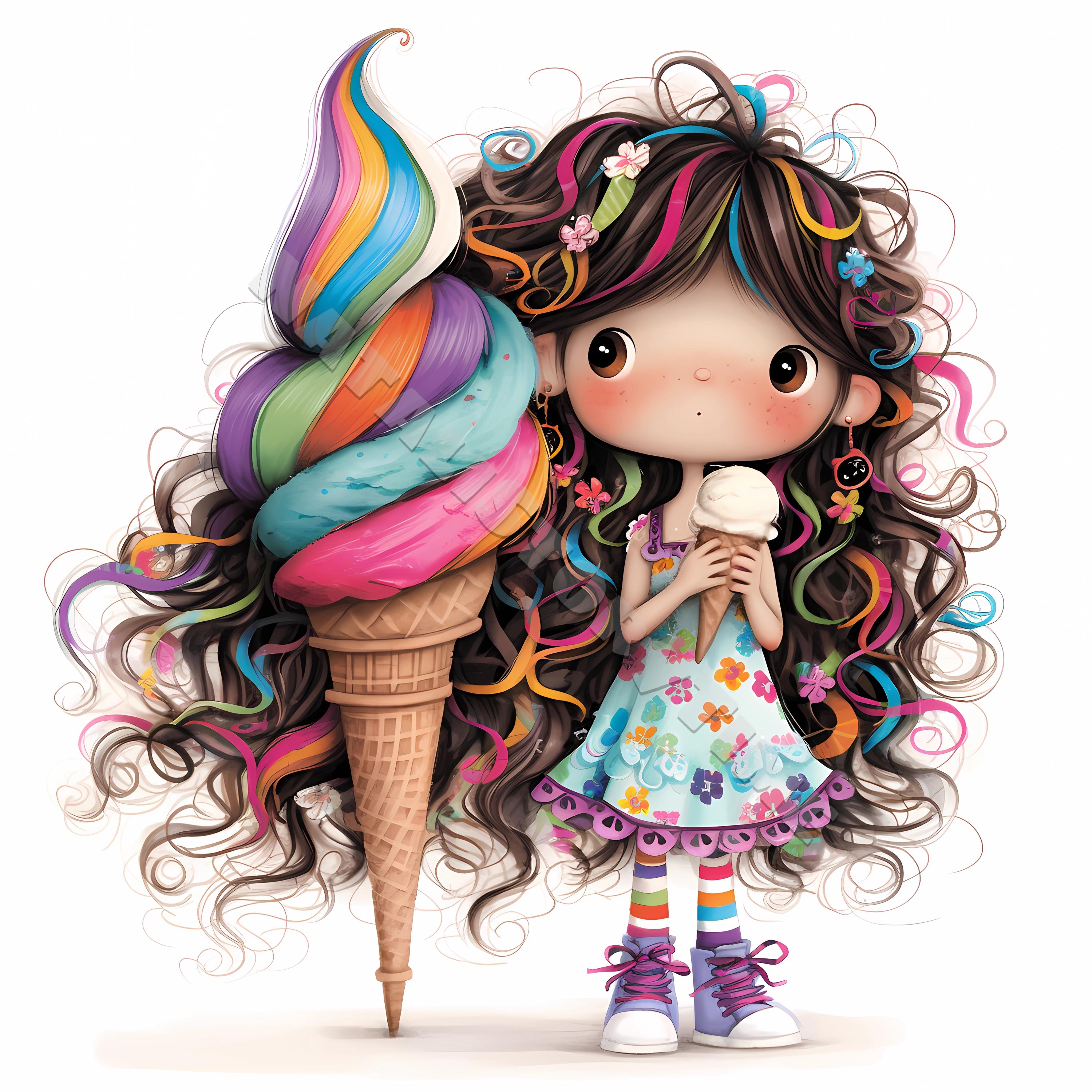 Quirky Ice-cream Girl Clipart 10 High Res Watercolor JPG for Junk ...