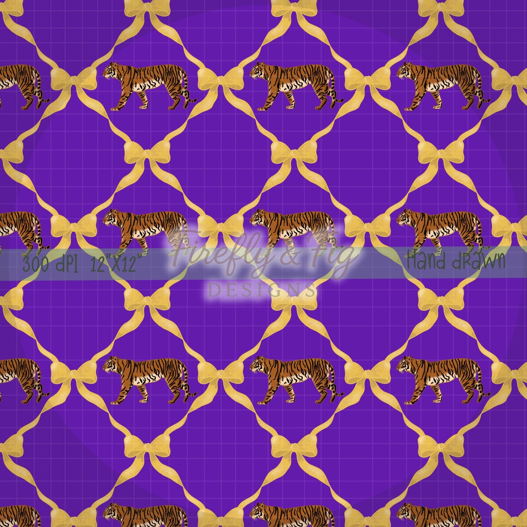 Purple and Gold Tiger Bows Football Seamless Pattern 300 DPI Instant ...