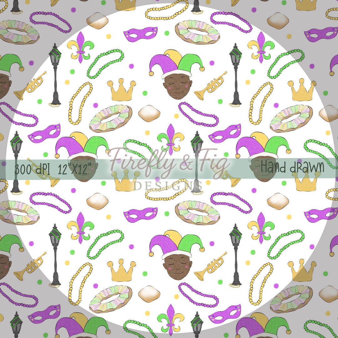 Watercolor Jester King Cake Mardi Gras Beads Seamless Pattern 300 DPI ...